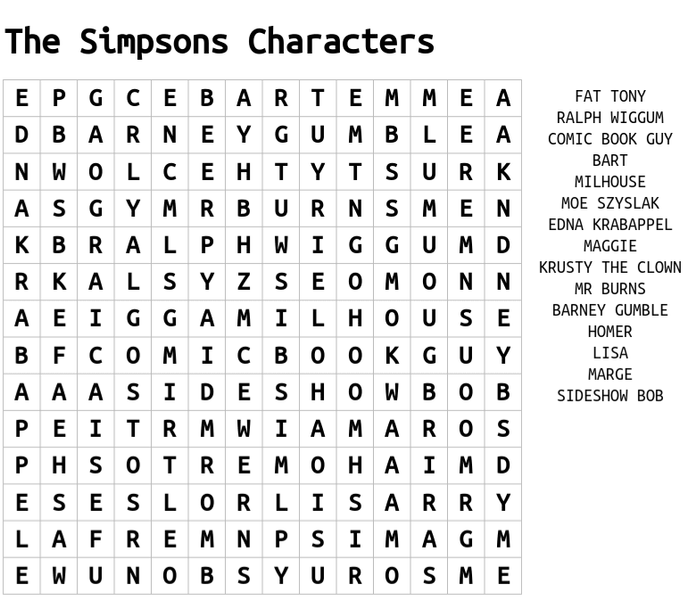 Wordsearch: Simpsons Characters Quiz - By jackfrog10