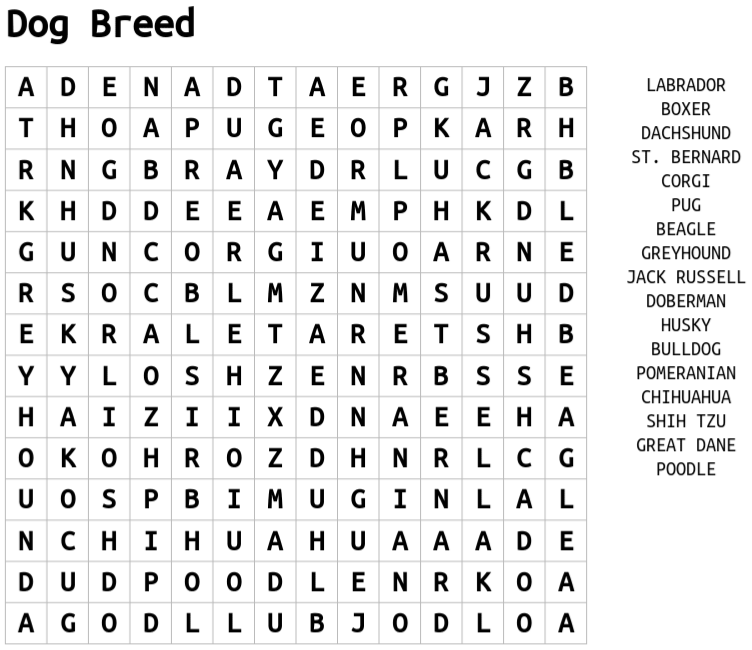 Wordsearch: Dog Breeds Quiz - By jackfrog10
