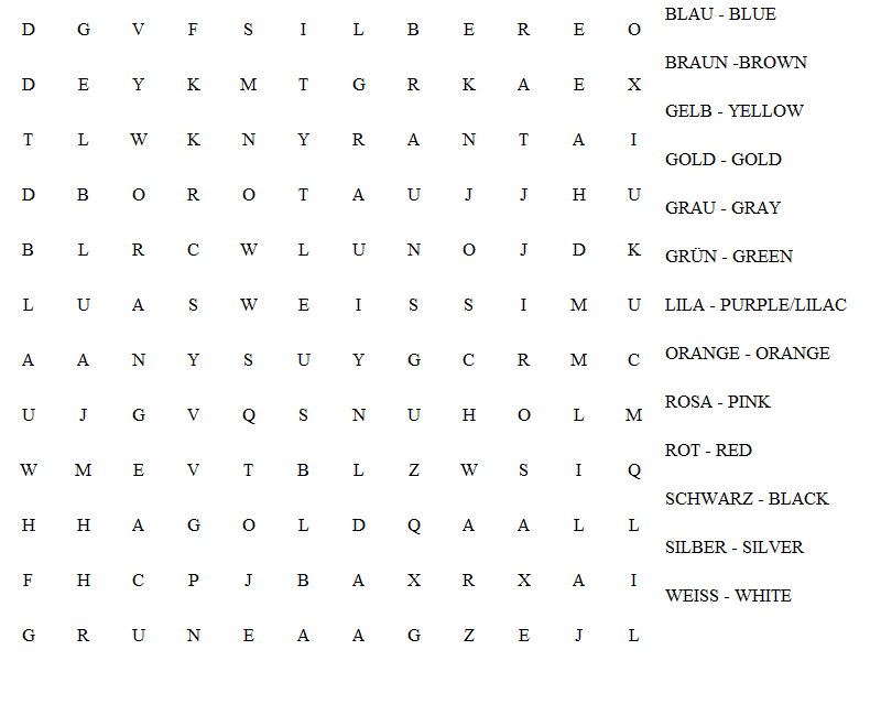 Word Search, German: Colors Quiz - By PatentExaminer