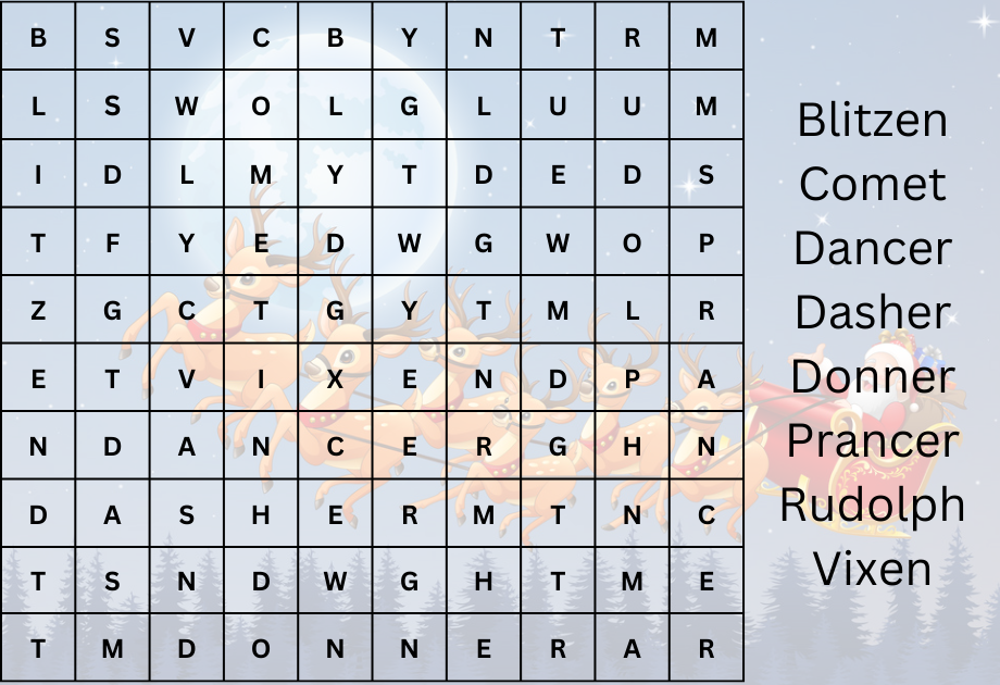 Word Search: Santa's Reindeer Quiz - By AstronoMae