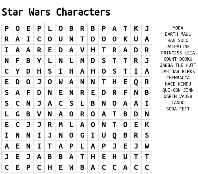 Wordsearch: Star Wars Characters Quiz - By jackfrog10