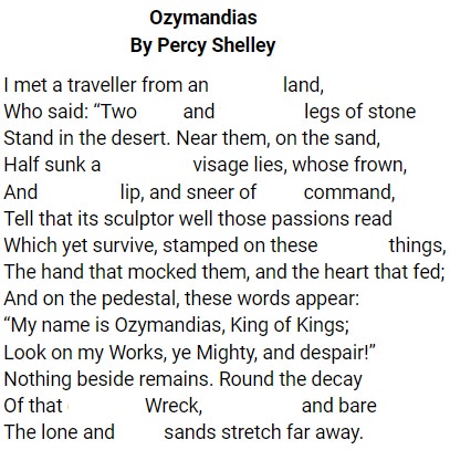 Ten Missing Adjectives: Ozymandias Quiz - By KStericker