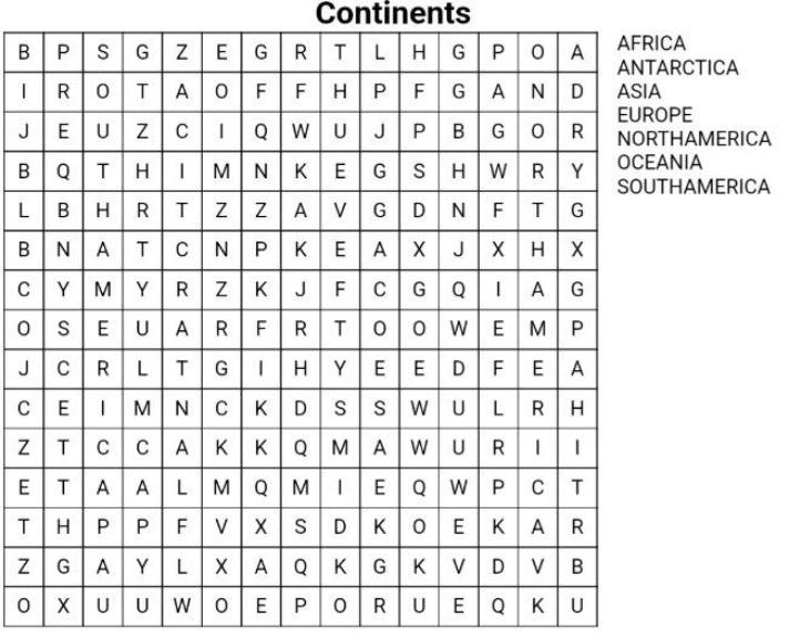 Wordsearch: Continents Quiz - By jackfrog10