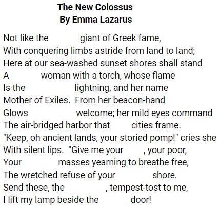 Ten Missing Adjectives: The New Colossus Quiz - By KStericker