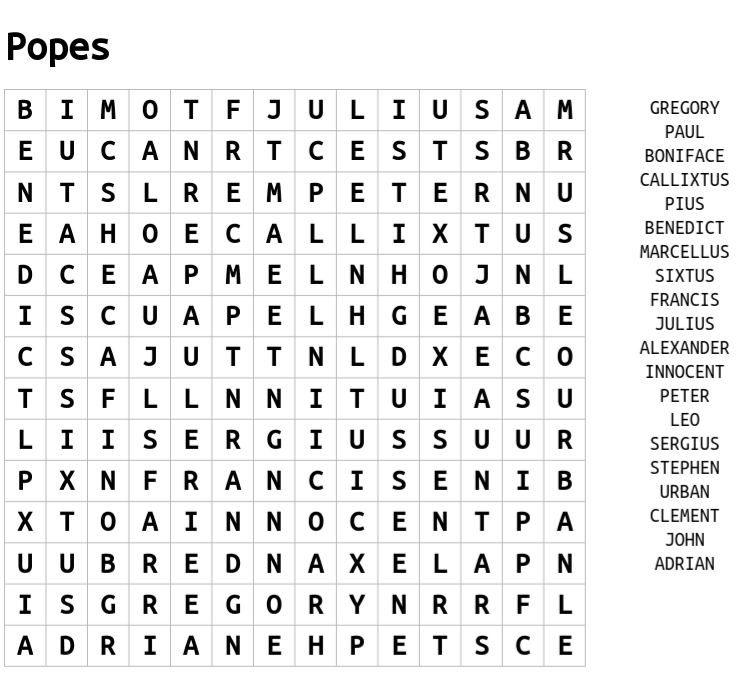 Wordsearch: Popes Quiz - By jackfrog10