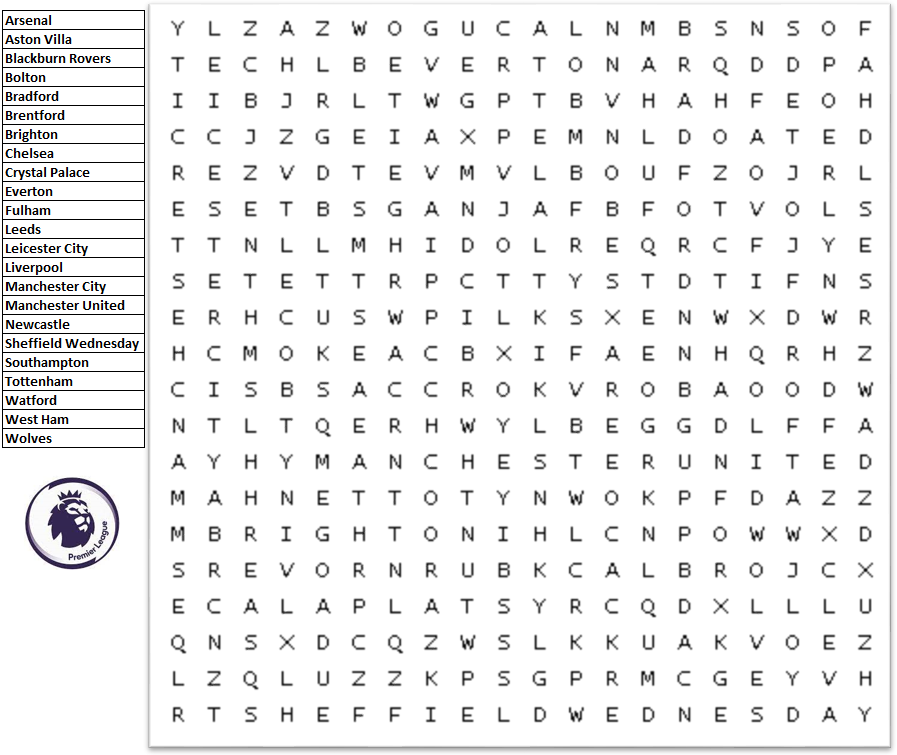 Premier League Word Search Quiz - By treessimontrees